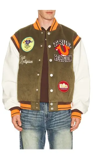 True Religion Garden Logo Retro Varsity Jacket - Olive