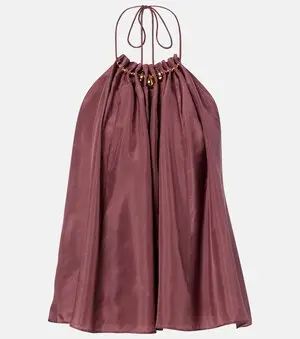 Zimmermann Aster Beaded Halterneck Silk Top - Burgundy