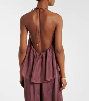 Zimmermann Aster Beaded Halterneck Silk Top - Burgundy