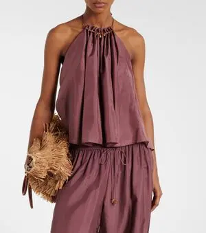 Zimmermann Aster Beaded Halterneck Silk Top - Burgundy