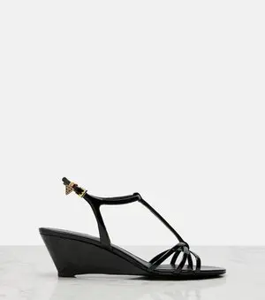 Prada Patent Leather Wedge Sandals With Buckle-fastening Ankle Strap - Black