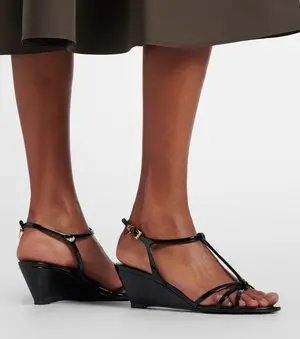 Prada Patent Leather Wedge Sandals With Buckle-fastening Ankle Strap - Black