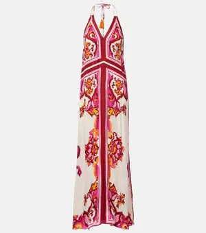 Poupette St Barth Mary Printed Halterneck Satin Maxi Dress - Pink