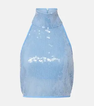 Oseree Sequined Halterneck Crop Top - Blue