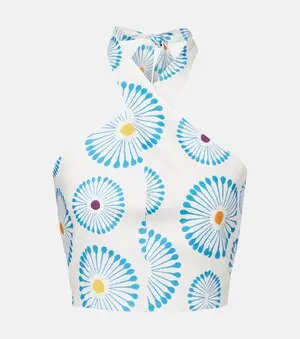 CALA DE LA CRUZ Floral Print Halterneck Linen Crop Top - White
