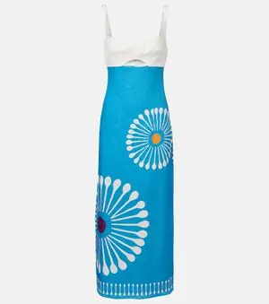 CALA DE LA CRUZ Nara Cutout Floral Linen Midi Dress - Blue