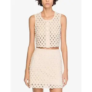 Sandro Cropped Bead-embellished Crochet Cardigan - Ecru