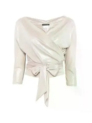 LE RJTANGE Wrap Blouse With Draped Detailing And Tie - Neutrals