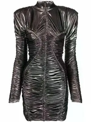 Balmain Metallic Ruched High Neck Long Sleeve Mini Dress
