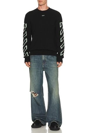 Off-White Fuzzy Knit Crew Neck Sweater With Embroidered Motif
