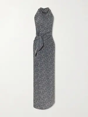 CORTANA Corallo Printed Silk Halterneck Midi Dress - Blue