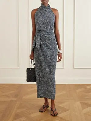 CORTANA Corallo Printed Silk Halterneck Midi Dress