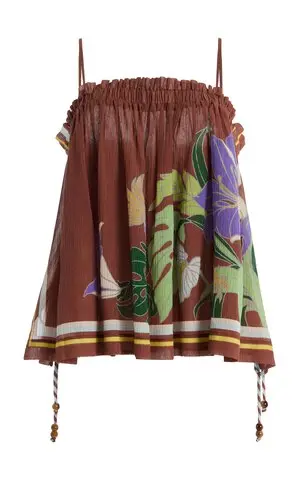ALEMAIS Ruched Cotton-silk Floral Top - Brown