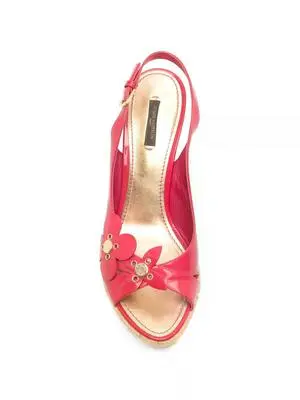 LOUIS VUITTON Leather Floral Appliqué Wedge Espadrilles