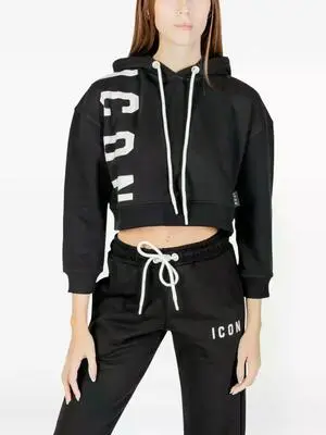 ICON BRAND Logo-print Cropped Hoodie - Black
