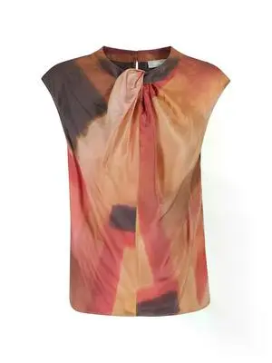 KILTIE Abstract-print Gathered Blouse - Brown