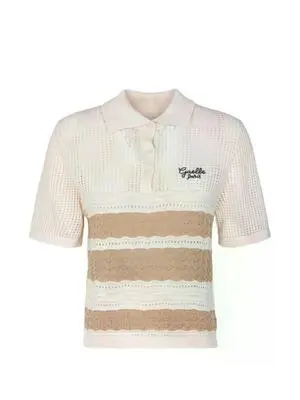 GAELLE Open-knit Striped Polo Shirt - Neutrals