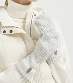 Brunello Cucinelli Cashmere Ribbed Mittens With Monili Trim - White
