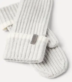 Brunello Cucinelli Cashmere Ribbed Mittens With Monili Trim - White