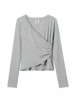 B+AB Lace Trim V-neck Long Sleeve Top - Grey