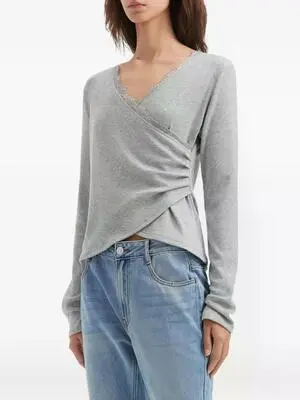 B+AB Lace Trim V-neck Long Sleeve Top - Grey