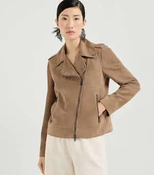Brunello Cucinelli Suede Biker Jacket With Monili Beading