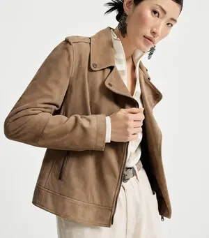 Brunello Cucinelli Suede Biker Jacket With Monili Beading