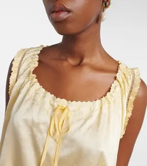 DÔEN Lace-trimmed Embroidered Silk Top