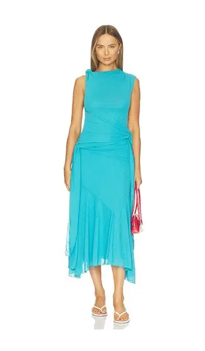 GANNI Ganni Marl Mesh Draped Knot Detailing Long Dress Blue