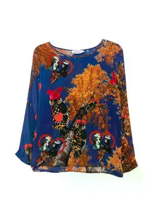 The Artistylist Graphic Print Long Sleeve Blouse - Blue