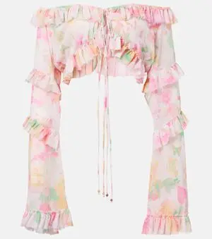 BANANHOT Floral Ruffled Off-shoulder Crop Top - Multicoloured