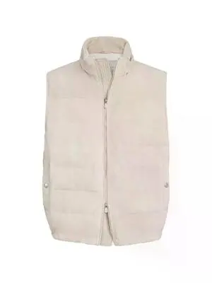 Brunello Cucinelli Quilted Suede Down Vest With Packable Hood - Neutrals