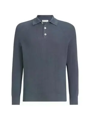Brunello Cucinelli Cotton English Rib Knit Polo With Long Raglan Sleeves - Blue
