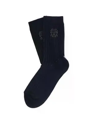 Brunello Cucinelli Ribbed Cotton Socks With Embroidered Logo - Black