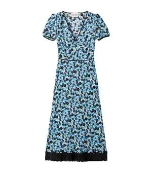 Miu Miu Floral Silk Crepe De Chine Midi Dress With Lace Trim