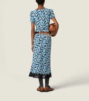Miu Miu Floral Silk Crepe De Chine Midi Dress With Lace Trim
