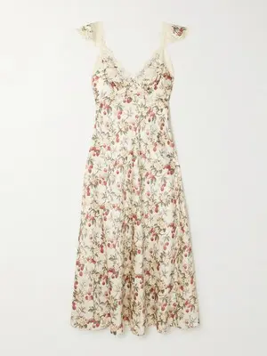 DÔEN Fiona Lace-trimmed Floral Silk-satin Midi Dress - Multi