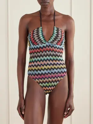 Missoni Striped Metallic Crochet-knit Halterneck Swimsuit
