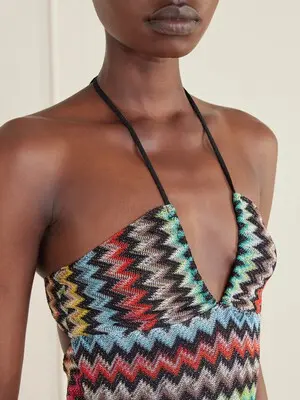 Missoni Striped Metallic Crochet-knit Halterneck Swimsuit