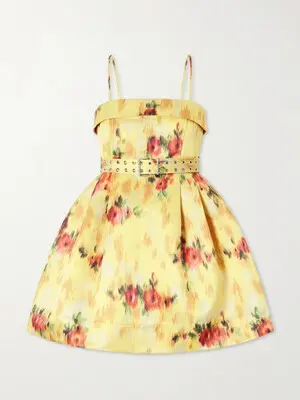 GANNI Floral-print Tie-detailed Duchesse-satin Mini Dress - Yellow
