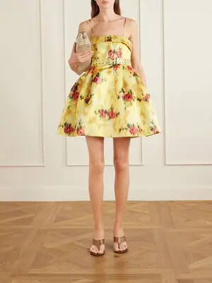 GANNI Floral-print Tie-detailed Duchesse-satin Mini Dress - Yellow