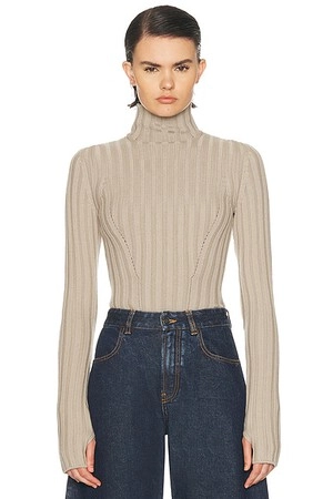 Alaïa Ribbed Knit Turtleneck Bodysuit - Sable