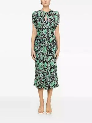 NISSA Floral Print Midi Dress With Faux Pearl Embellishment - Blue