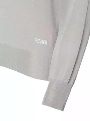 Fendi Logo Embroidered V-neck Fine Knit Sweater - Grey