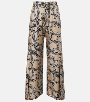 Loewe Loewe Paula's Ibiza Anagram Printed Silk Wide-Leg Trousers Beige