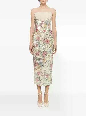 NISSA Sequin-embellished Ruffled Floral Print Midi Dress