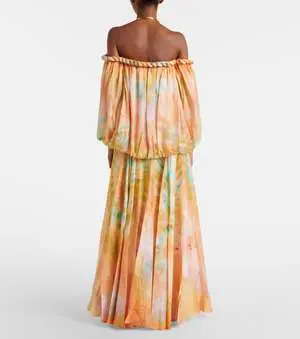 Zimmermann Luna Off-shoulder Printed Silk Chiffon Gown