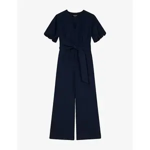 Whistles V-neck Tie-waist Linen-blend Jumpsuit - Navy
