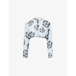 HYPHEN Floral Print Sheer Cropped Top - Blue Floral