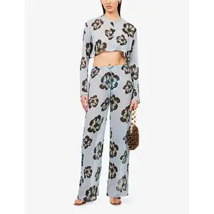HYPHEN Floral Print Sheer Cropped Top